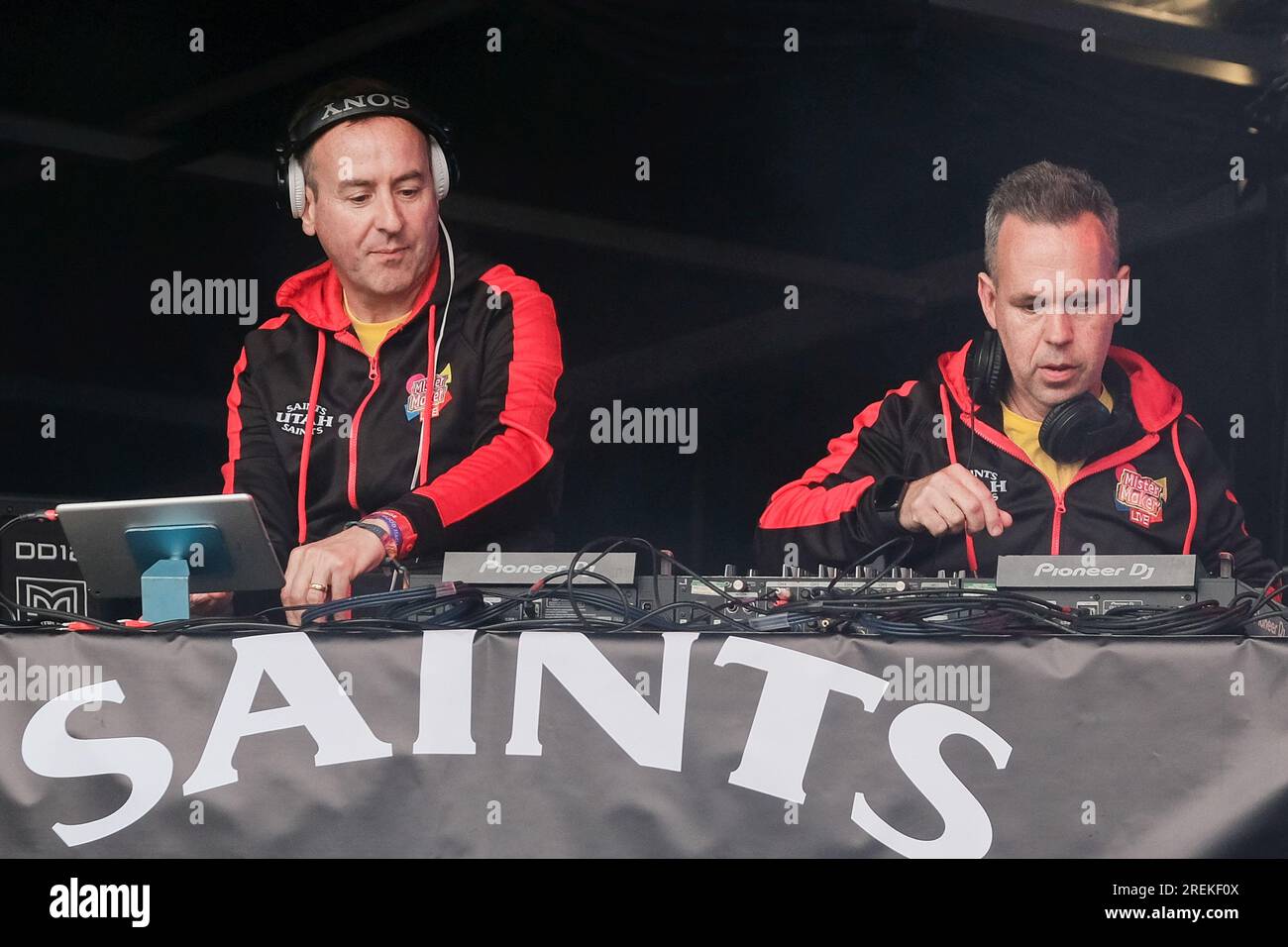 Lulworth, UK. 28th July, 2023. L-R Electronic music duo Jez Willis and ...