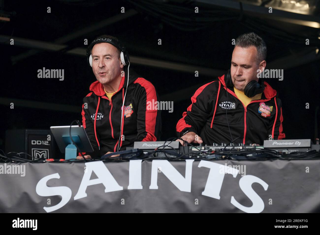 Lulworth, UK. 28th July, 2023. L-R Electronic music duo Jez Willis and ...