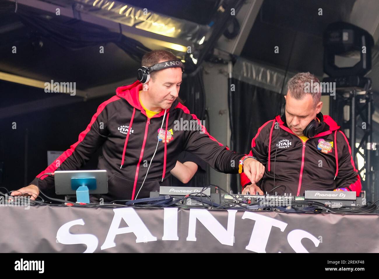 Lulworth, UK. 28th July, 2023. l-r Electronic music duo Jez Willis and ...