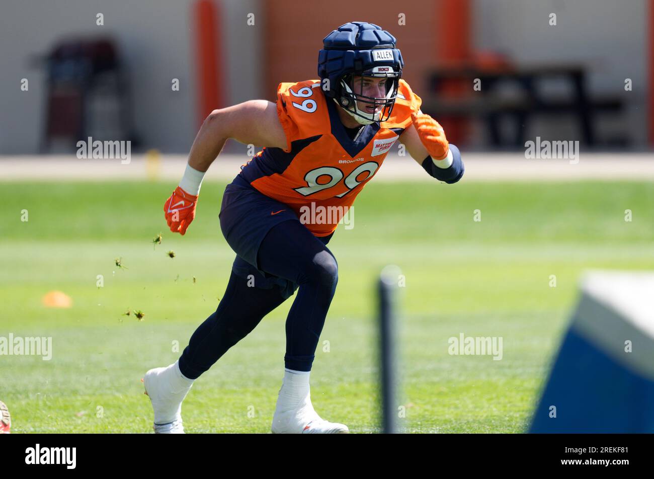 Denver Broncos defensive end Zach Allen takes part in drills during an ...
