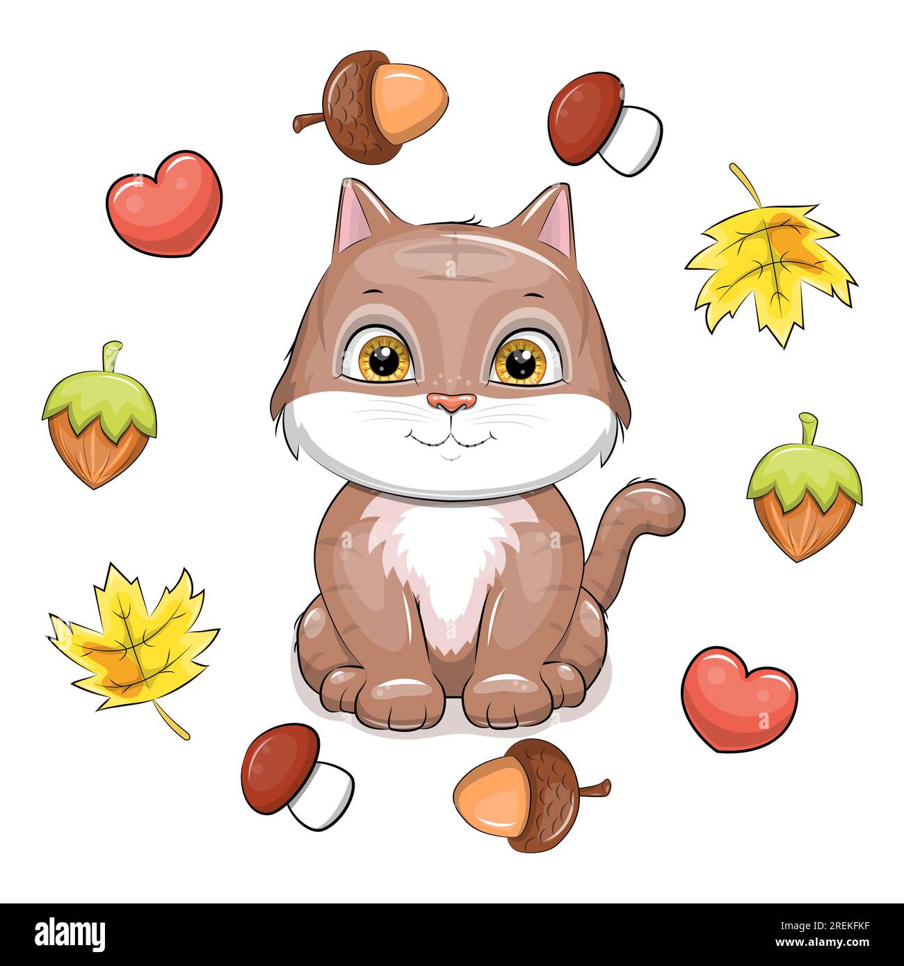Cute cartoon cat in an autumn frame. Vector illustration of an animal ...