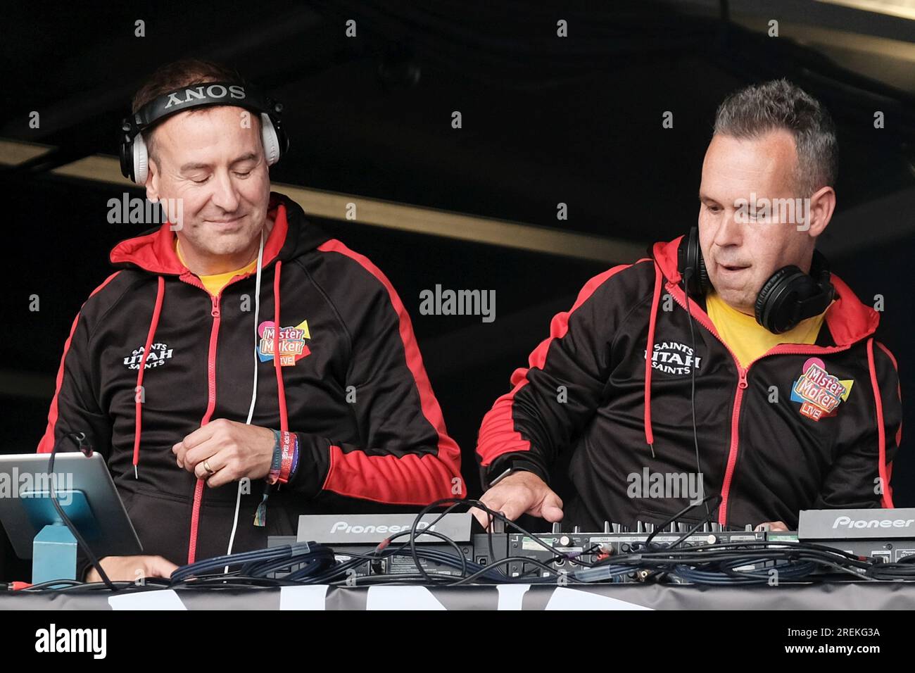 Lulworth, UK. 28th July, 2023. L-R Electronic music duo Jez Willis and ...