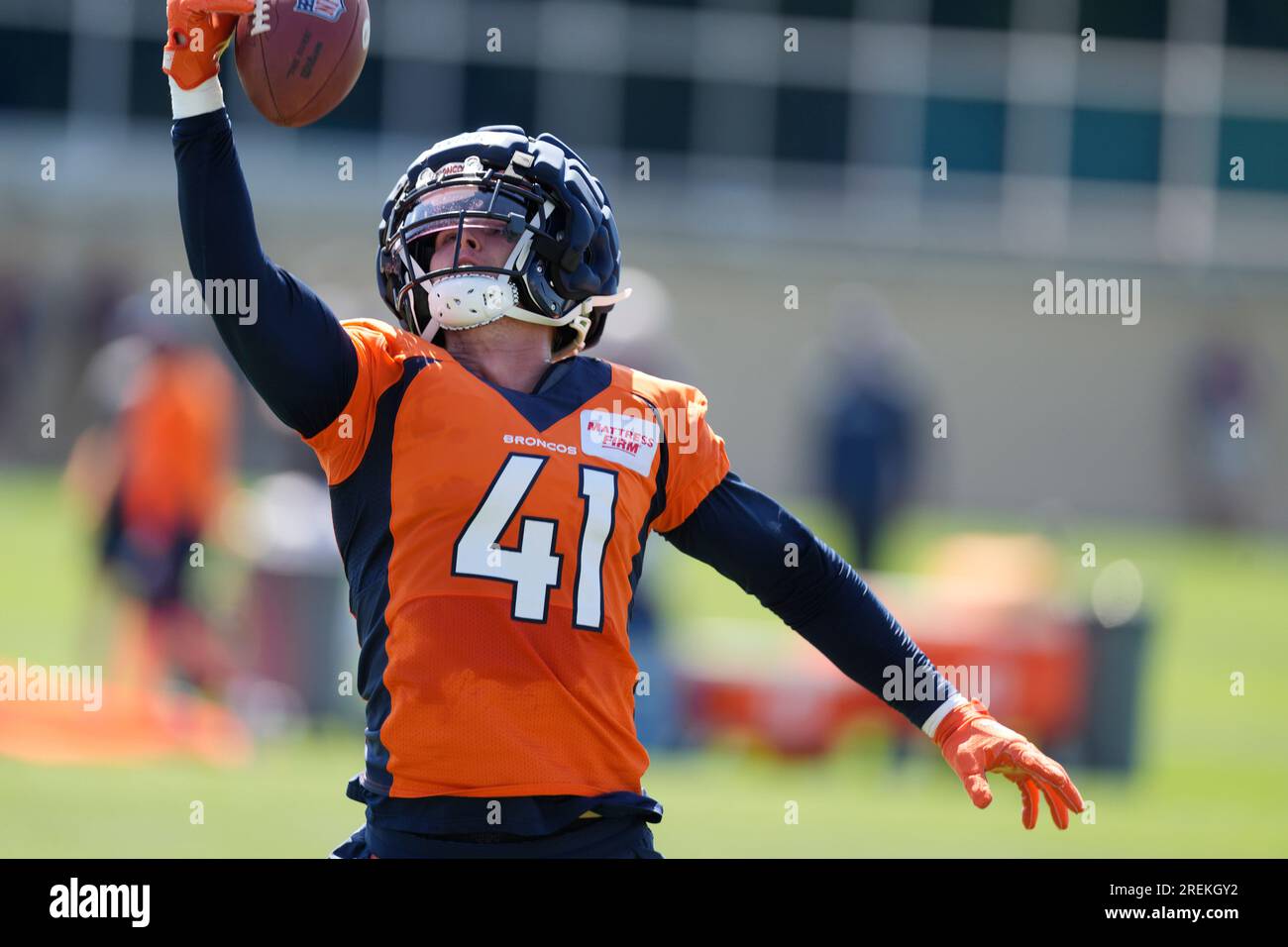 Denver Broncos linebacker Drew Sanders takes part in drills during an ...