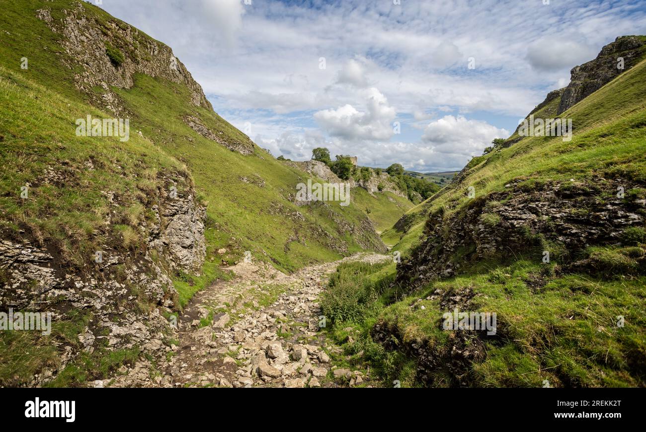 Peveril Castle seen from the Cavedale limestone valley in the High Peak ...