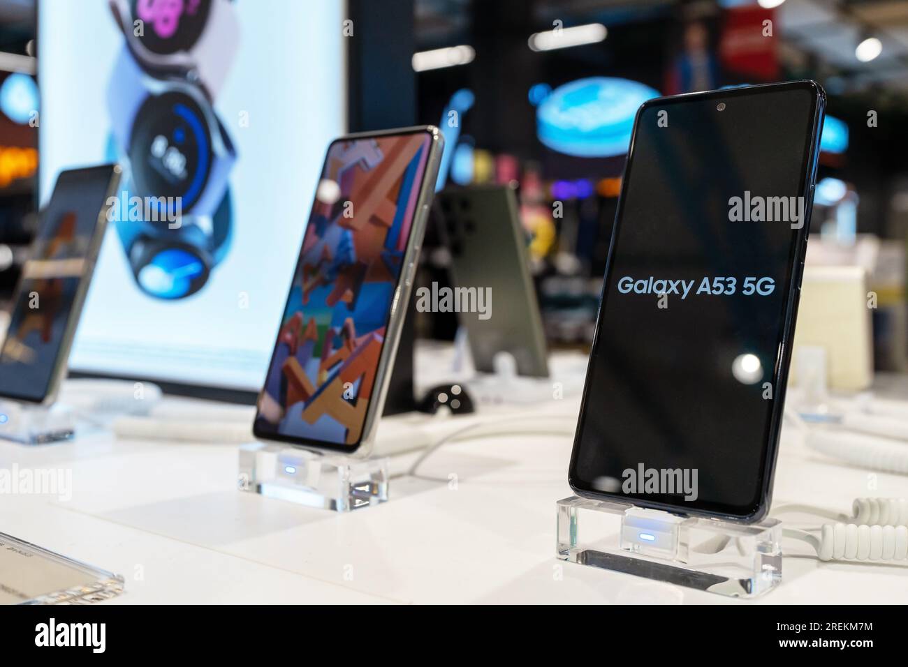 Samsung Galaxy A53 5G mobile smartphone is shown on retail display in ...