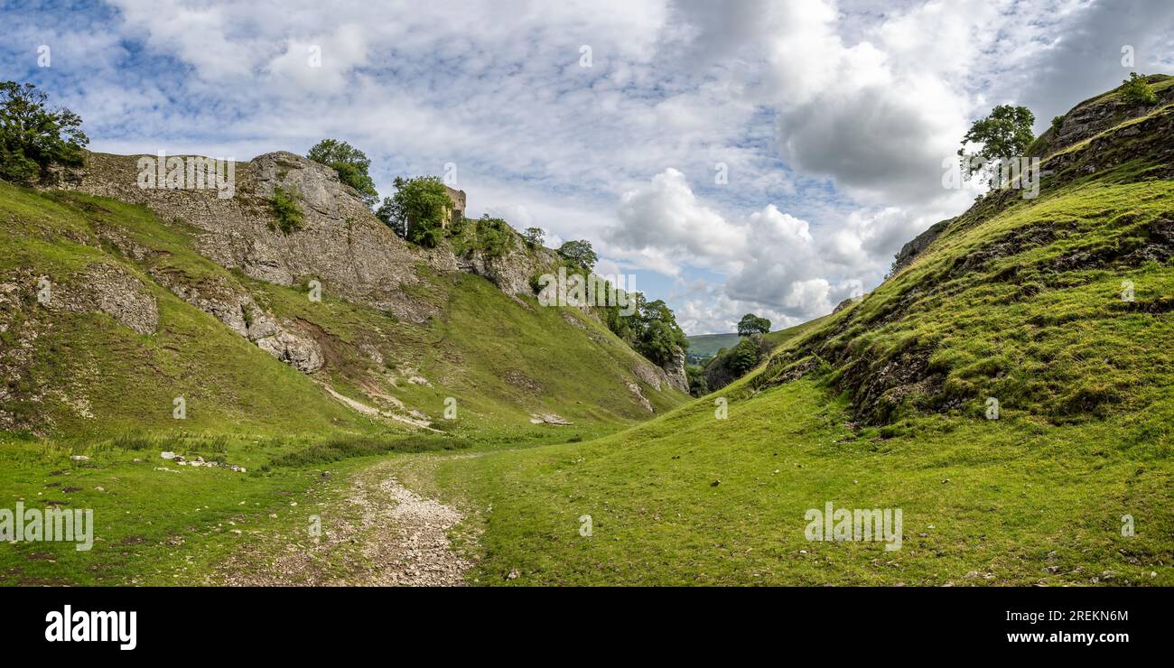 Peveril Castle seen from the Cavedale limestone valley in the High Peak ...