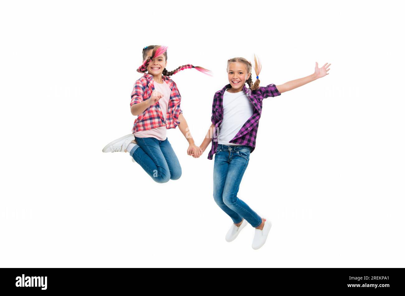 bond of sisterhood and friendship. girls friends having fun and jumping ...