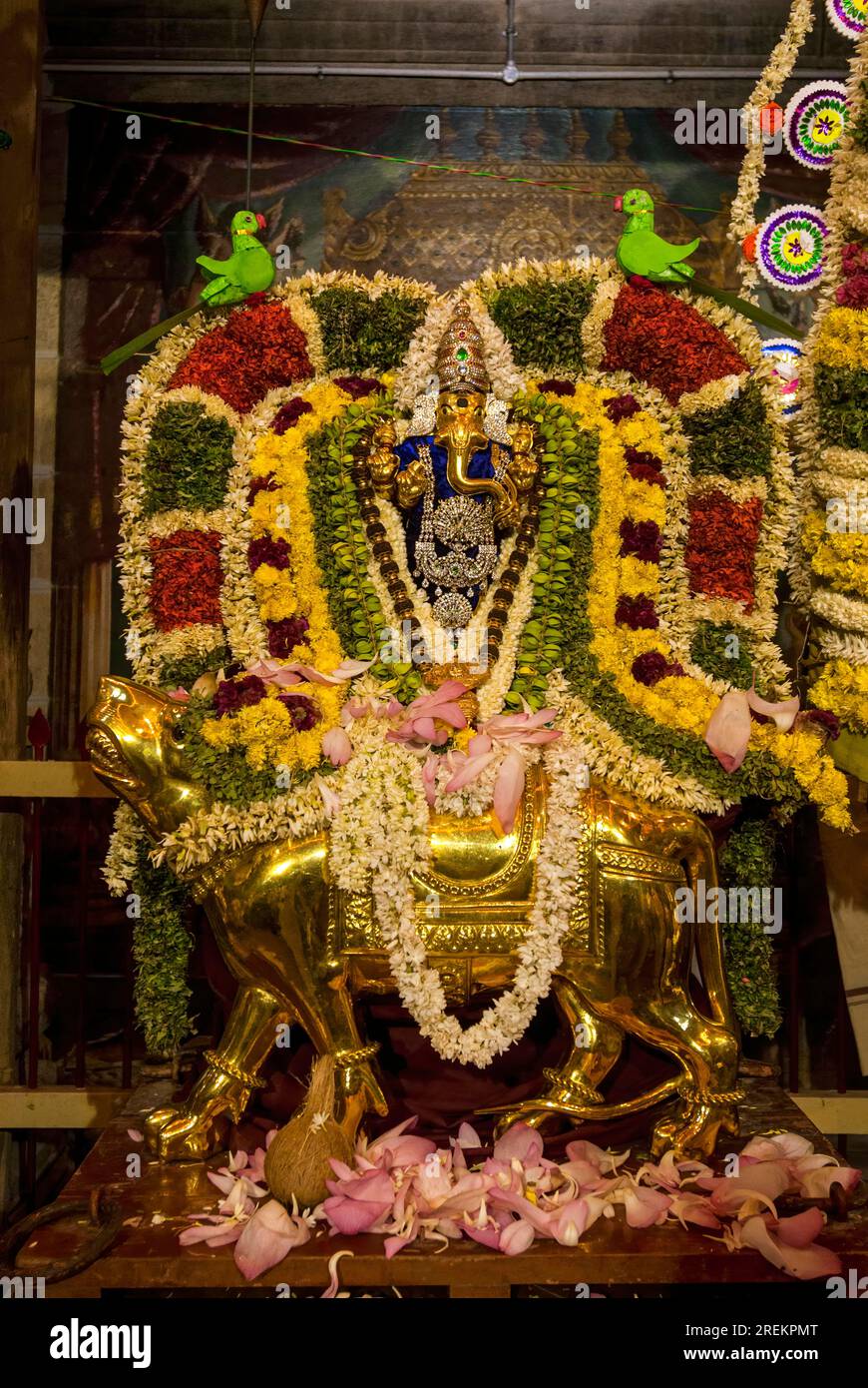 Decorated Lord Golden Ganesha mounted on mouse Silver Vahana Vehicle ...