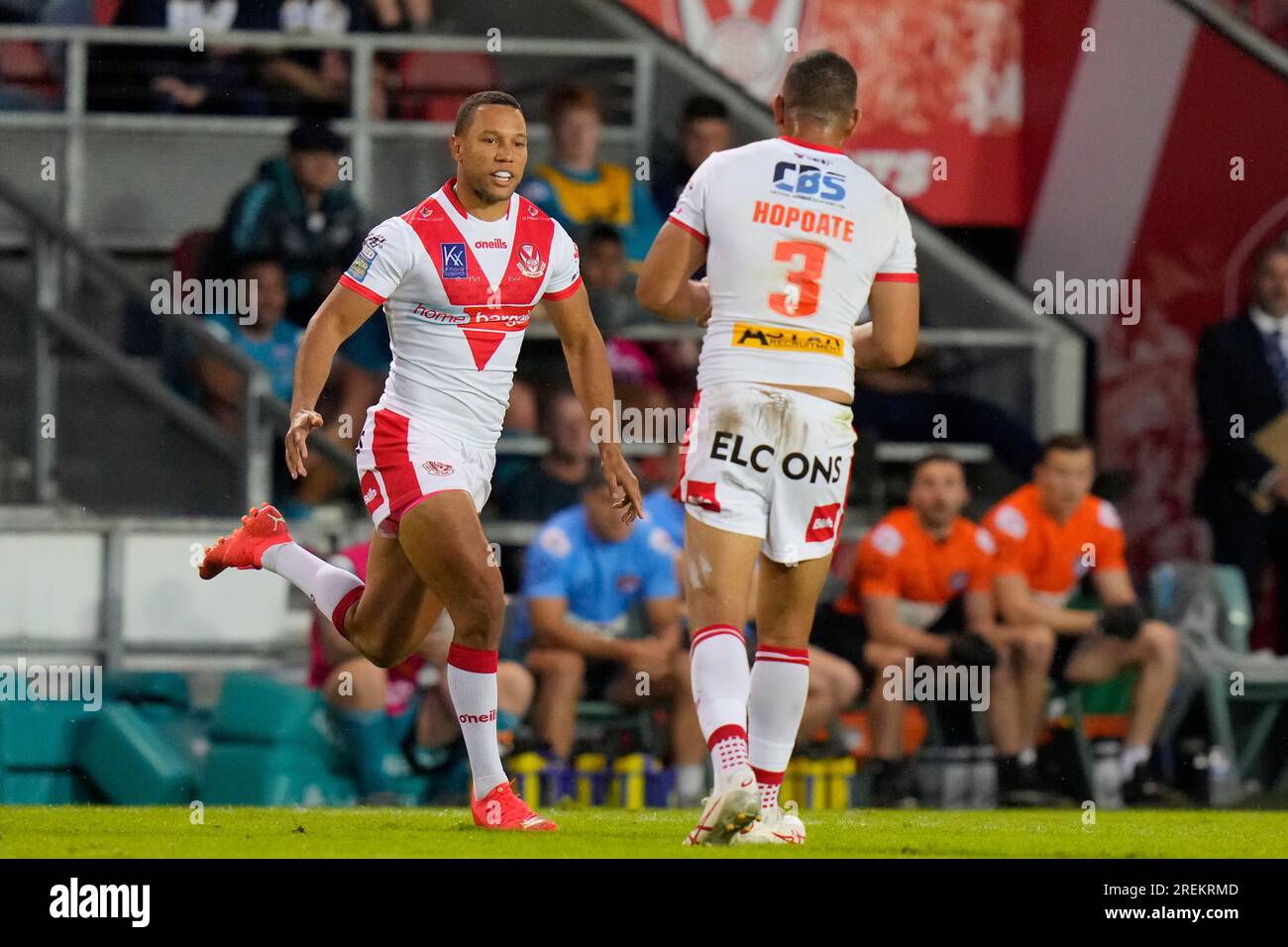Moses Mbye #35 of St. Helens comes on at an interchange for his Saints ...