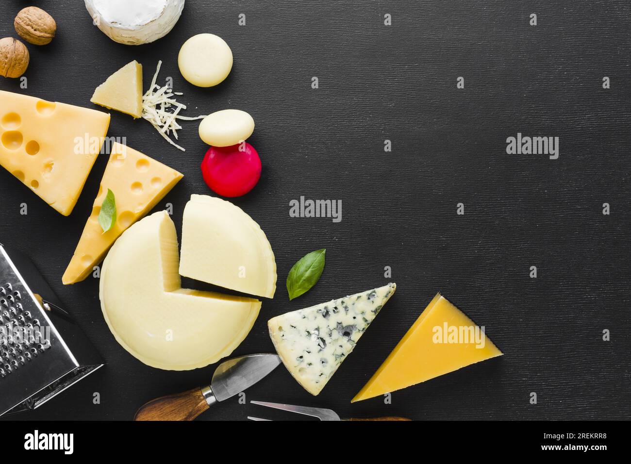Flat lay cheese mix ustensils with copy space. Resolution and high ...