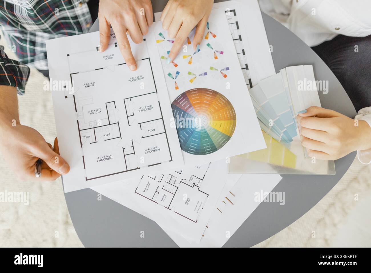 Flat lay couple making plans redecorate house. Resolution and high ...