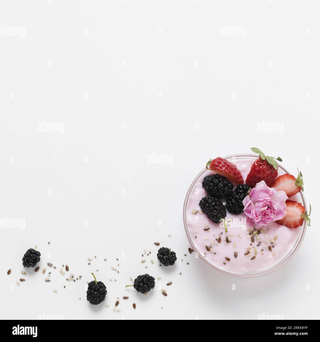 Flat lay fruit yoghurt with rose. Resolution and high quality beautiful ...