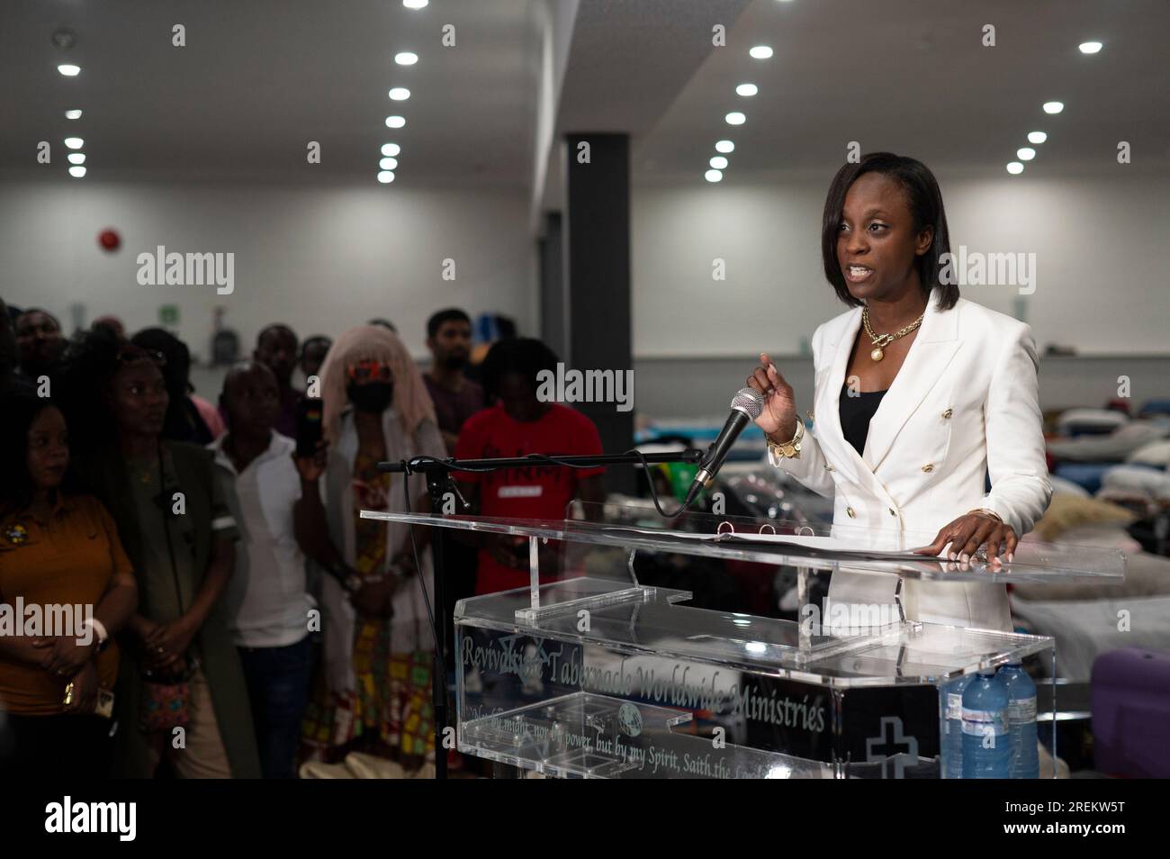 North York, Canada. 28th July, 2023. Pastor Judith James speaks during ...