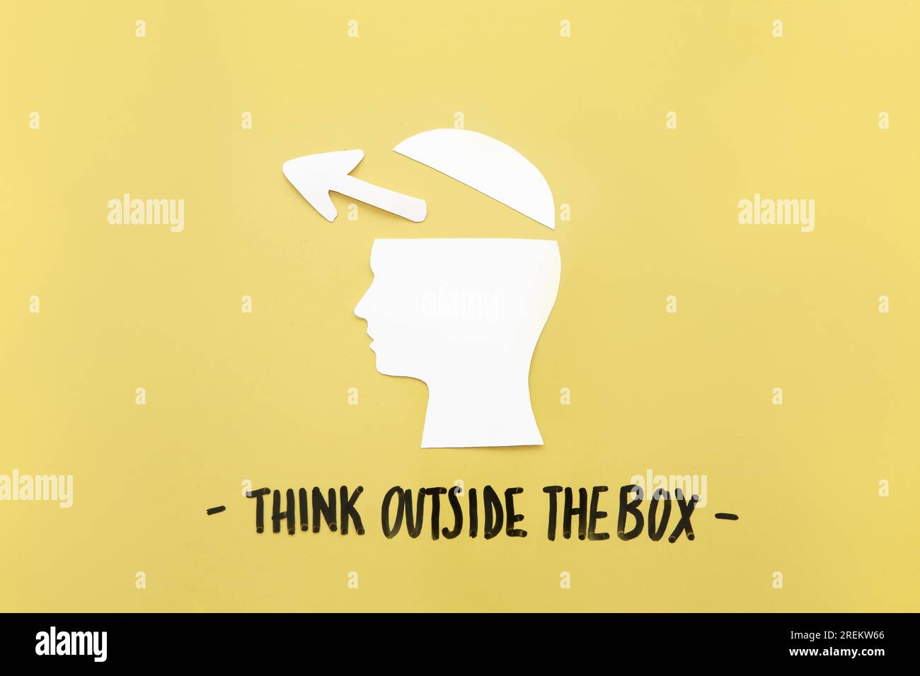 Open human brain with arrow symbol near think outside box message ...