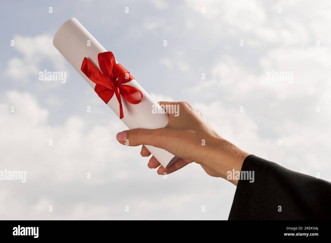 Certificate with ribbon bow held hand. High resolution photo Stock Photo - Alamy