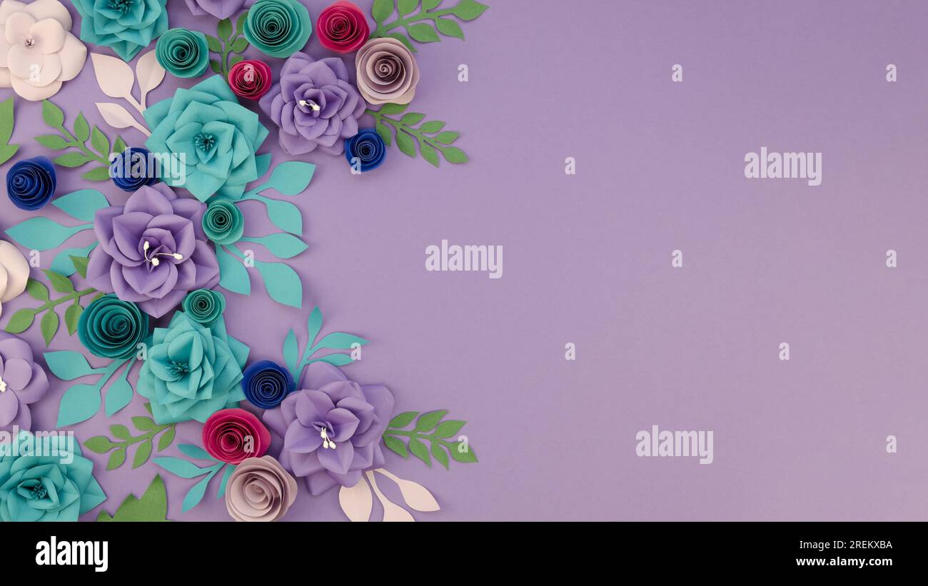 Assortment with floral frame purple background. High resolution photo ...