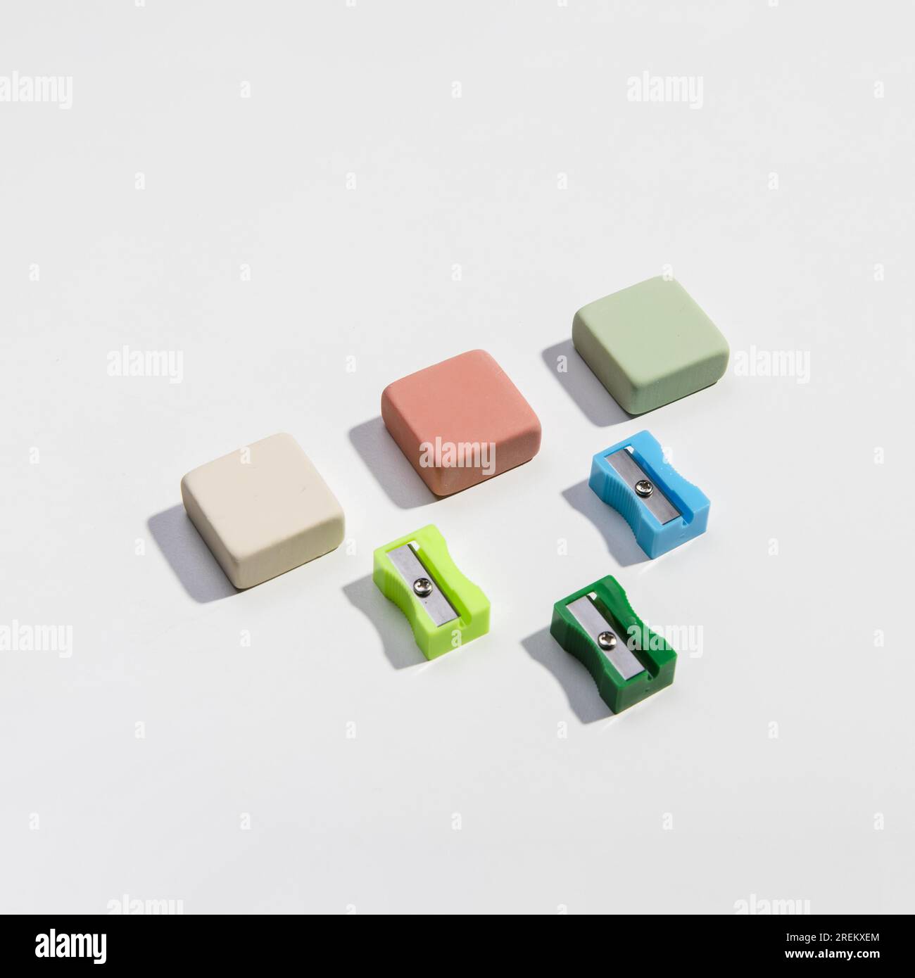 Colourful sharpeners erasers high view. High resolution photo Stock ...
