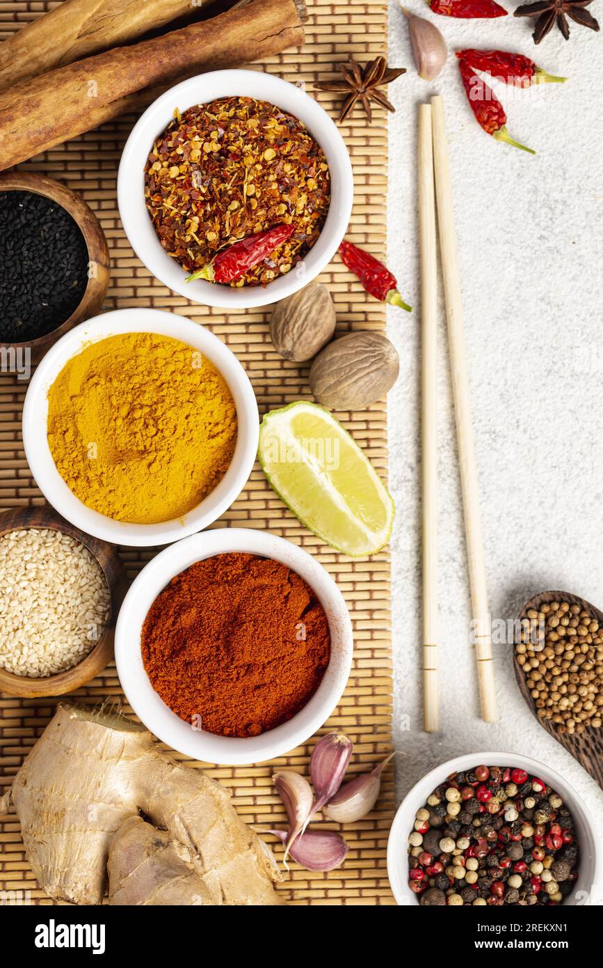 Flat lay asian food spices mix chopsticks. High resolution photo Stock ...