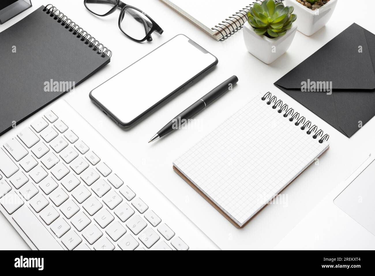 High angle office desk assortment. High resolution photo Stock Photo ...