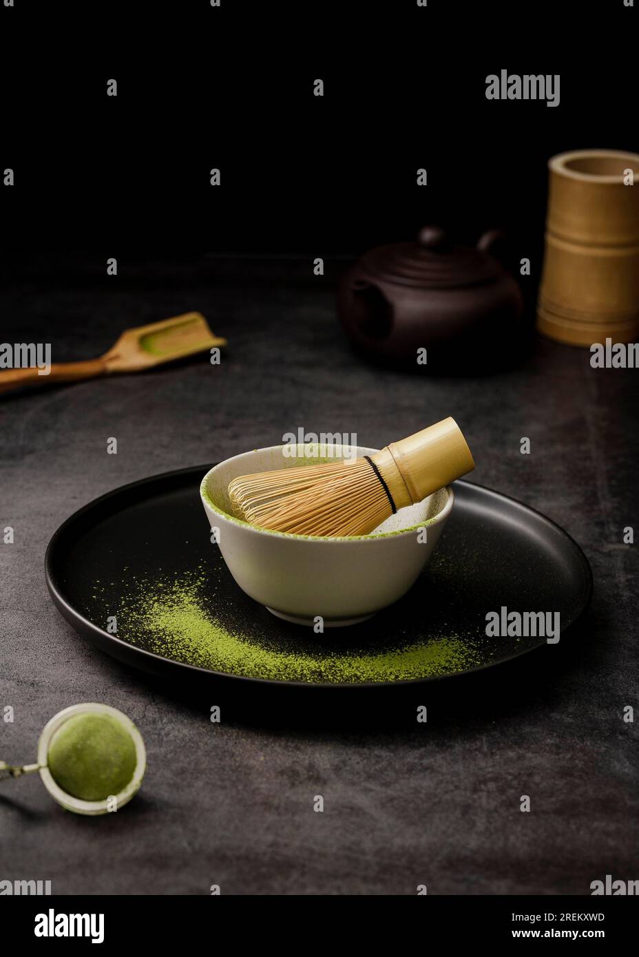 High angle matcha tea powder bowl with sieve plate. High resolution ...