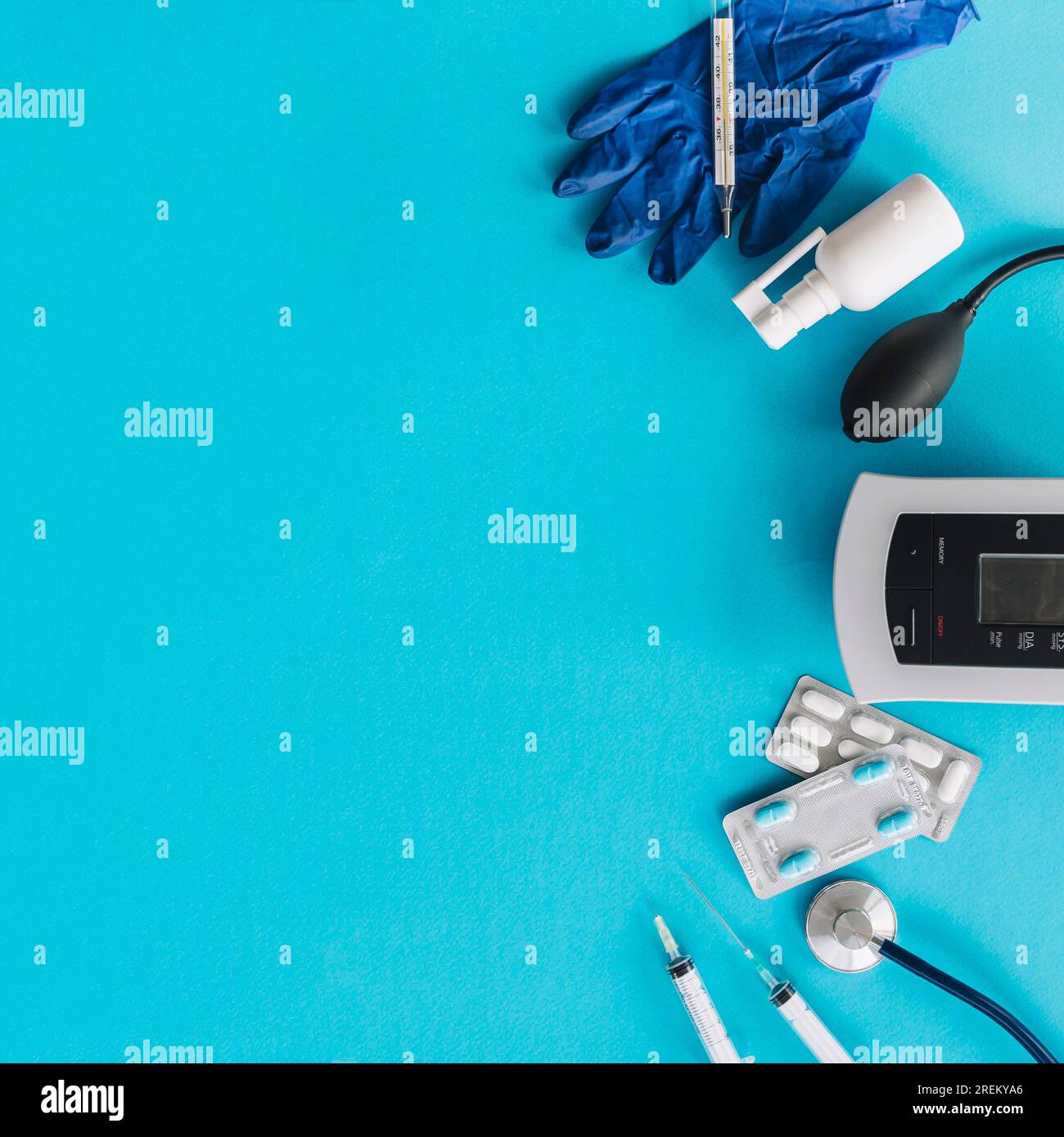 Various medical equipments blue backdrop. High resolution photo Stock ...