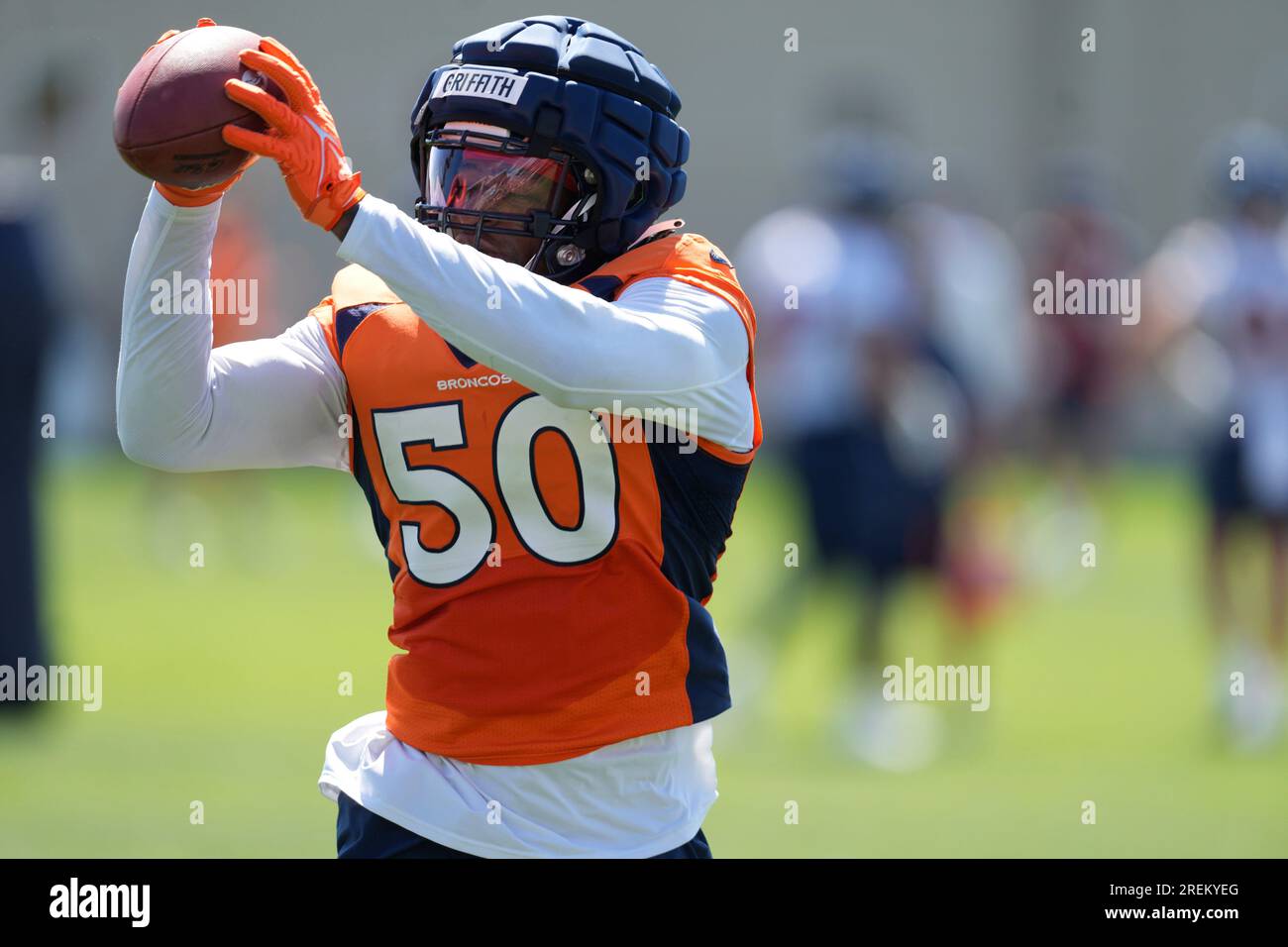 Denver Broncos linebacker Jonas Griffith (50) takes part in drills ...