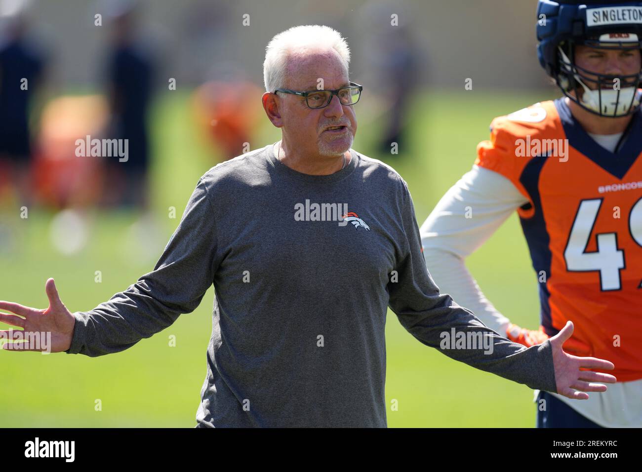 Denver Broncos senior defensive assistant Joe Vitt looks on during an ...