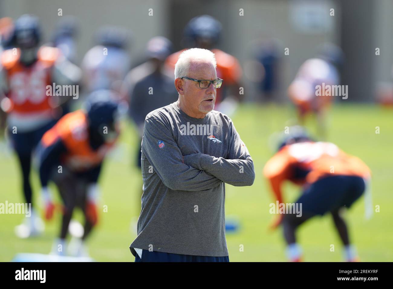 Denver Broncos senior defenisve assistant Joe Vitt looks on during an ...