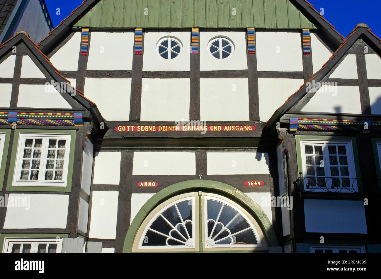 Half-timbered house with inscription, Rietberg, North Rhine-Westphalia ...