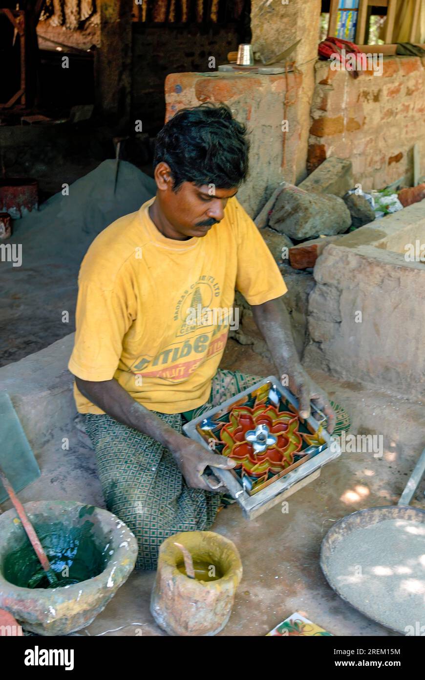 A man making Athangudi kannadi kal, Process of making tile in Athangudi ...