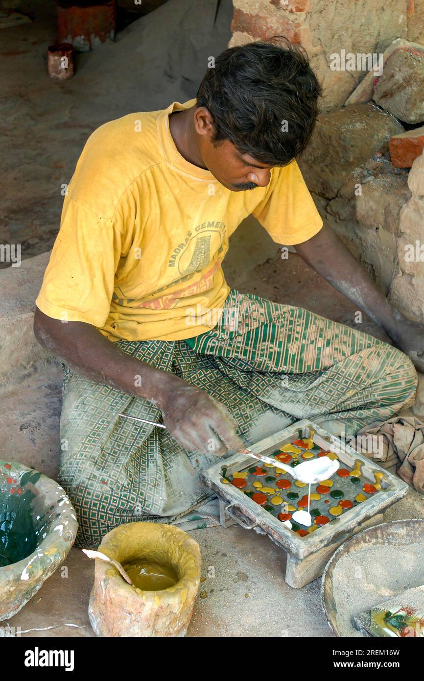 A man making Athangudi kannadi kal, Process of making tile in Athangudi ...