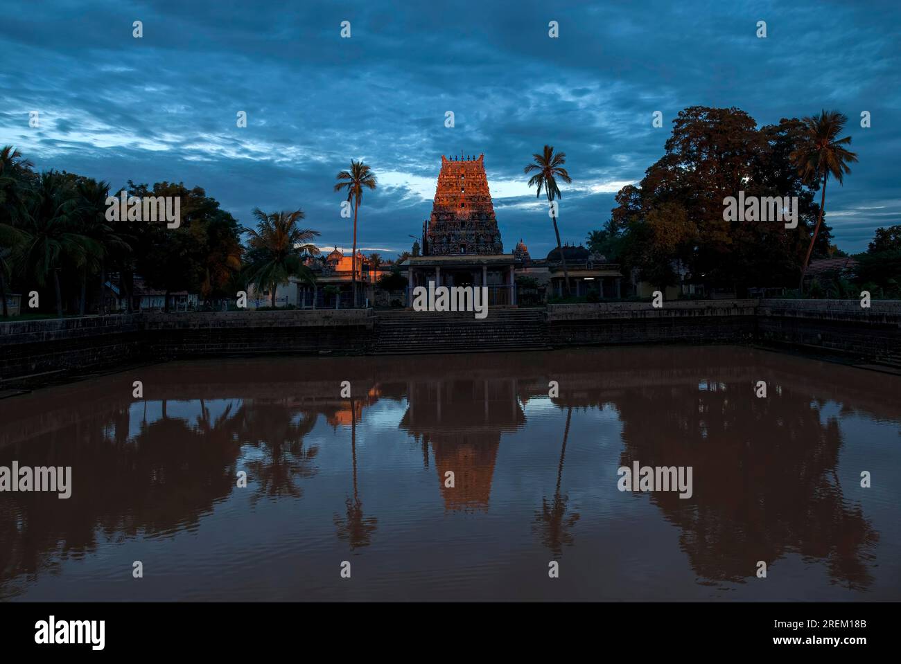 Early morning sun rays falling on the vairavan swamy temple Gopuram ...