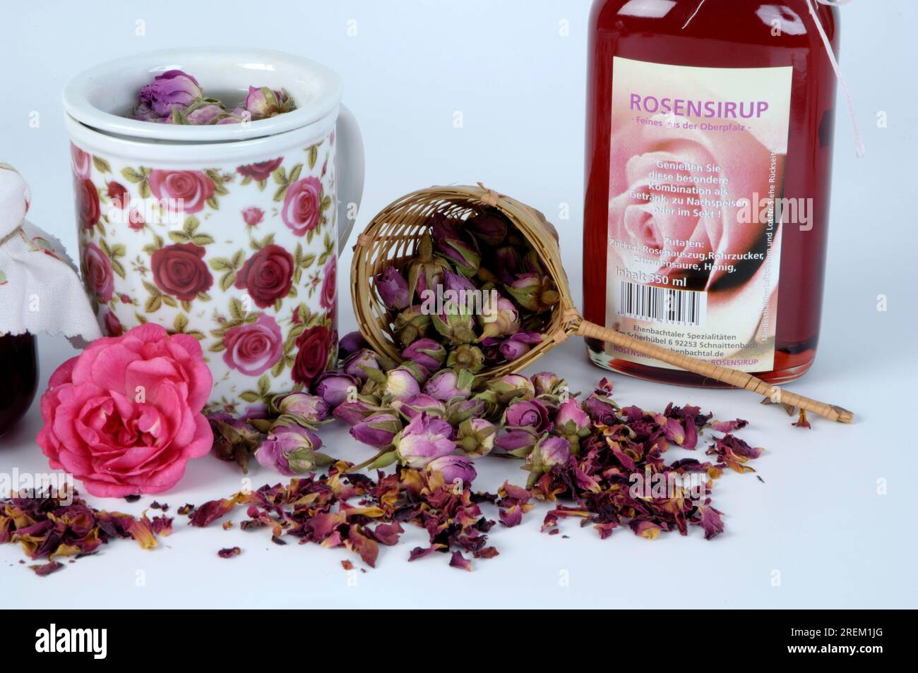 Various rose products (pink), rose petals, rose syrup Stock Photo - Alamy