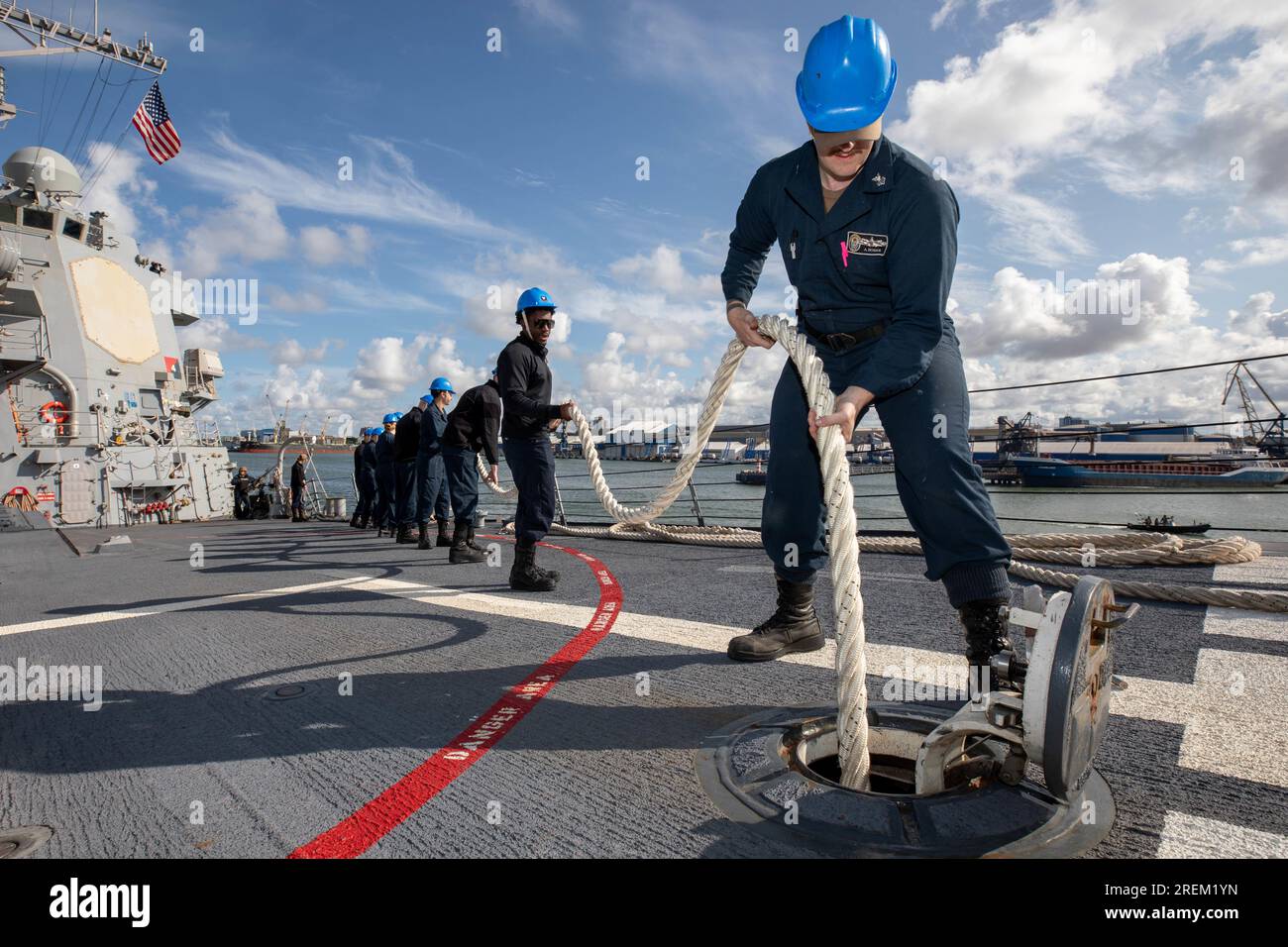 Sailors aboard the USS Roosevelt in Klaipeda, Lithuania, July 20, 2023 ...