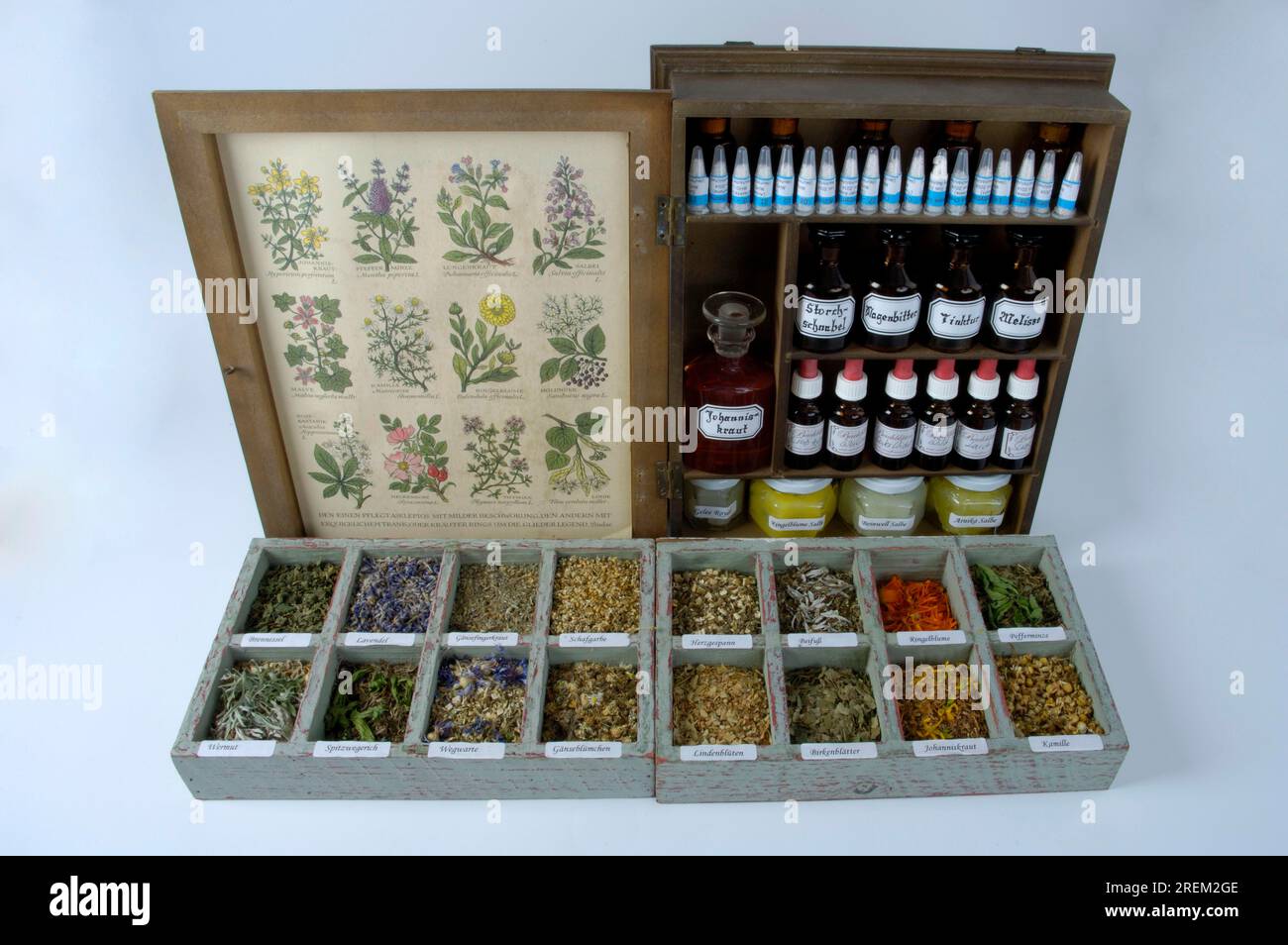 Dried herbs and herbal pharmacy with ointments, tinctures, globules, St ...