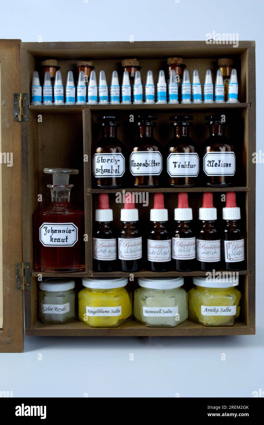 Herbal pharmacy with ointments, tinctures, globules, St. John's wort ...