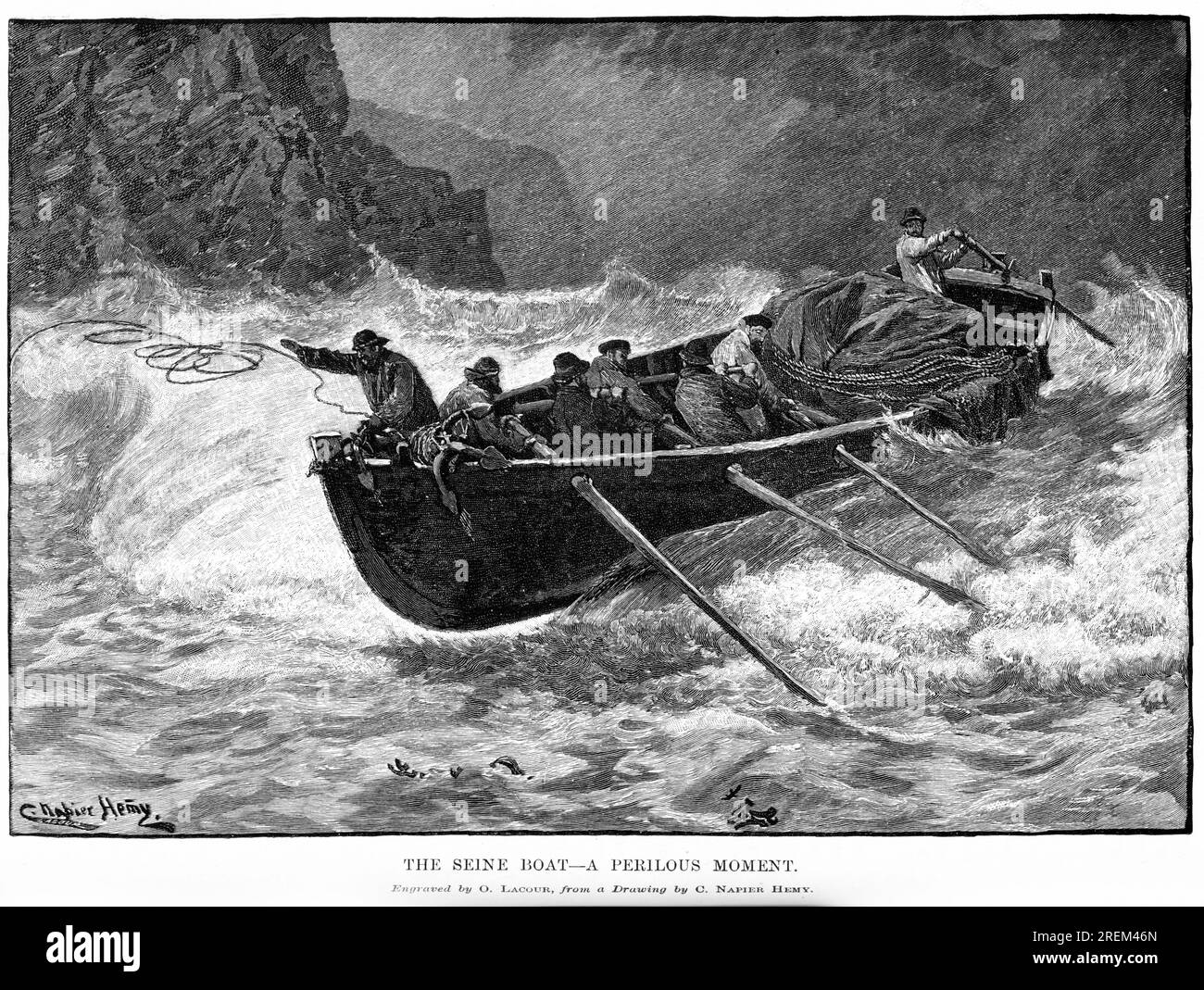 Engraving of a boatload of fishermen approaching land at Cornwall ...