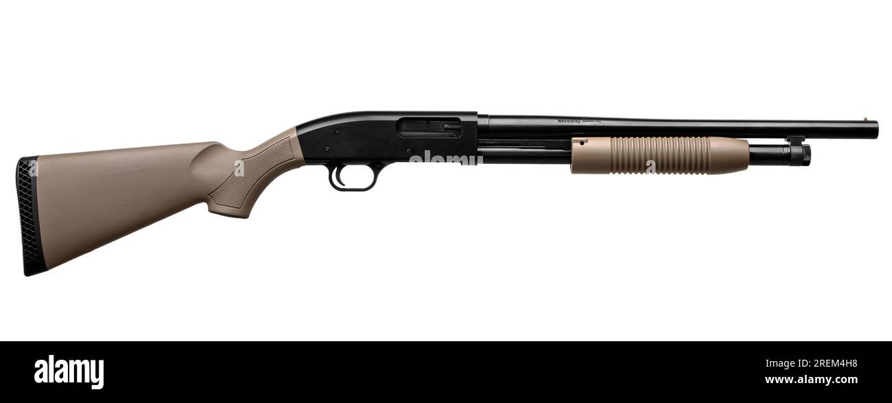 Pump-action 12 gauge shotgun isolated on a white background. Additional ...