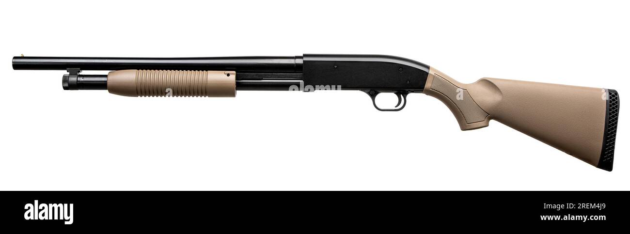 Pump-action 12 gauge shotgun isolated on a white background. Additional ...