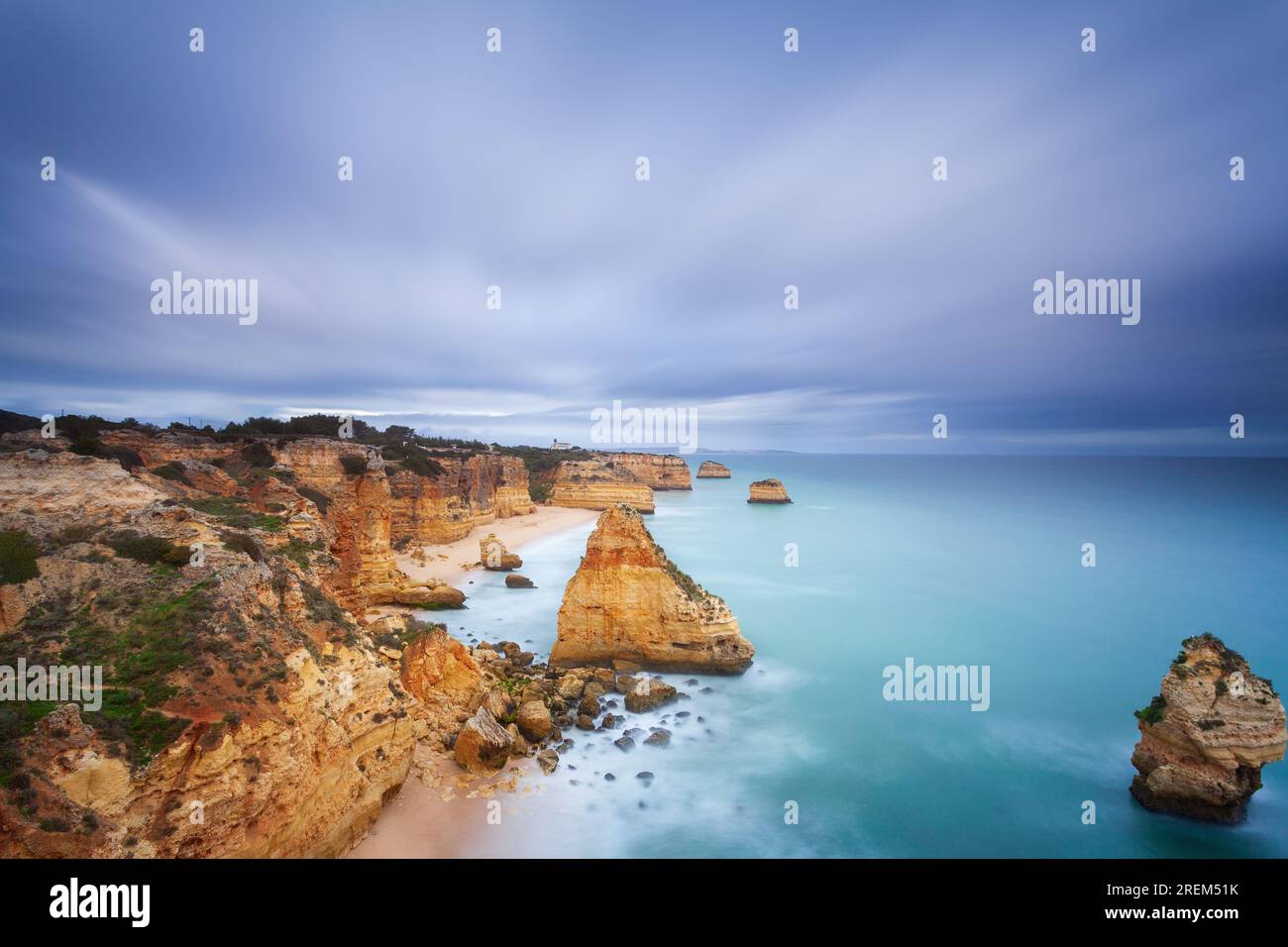 Landscape on the Algarve coast at sunset. Beach in southern Portugal ...