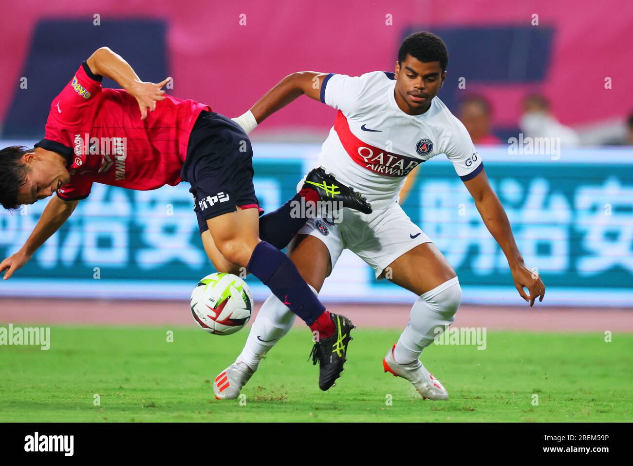 Osaka, Japan. 28th July, 2023. (L-R) Hayato Okuda (Cerezo), Achraf ...