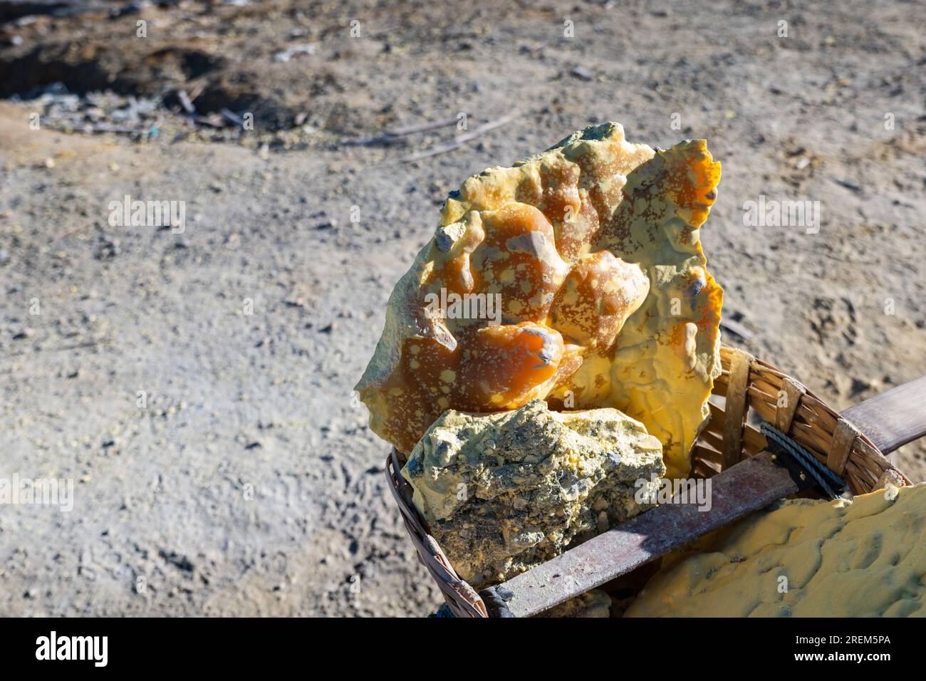 sulfuric rocks by sulfur mine at Ijen vulcano in East Java, Indonesia ...