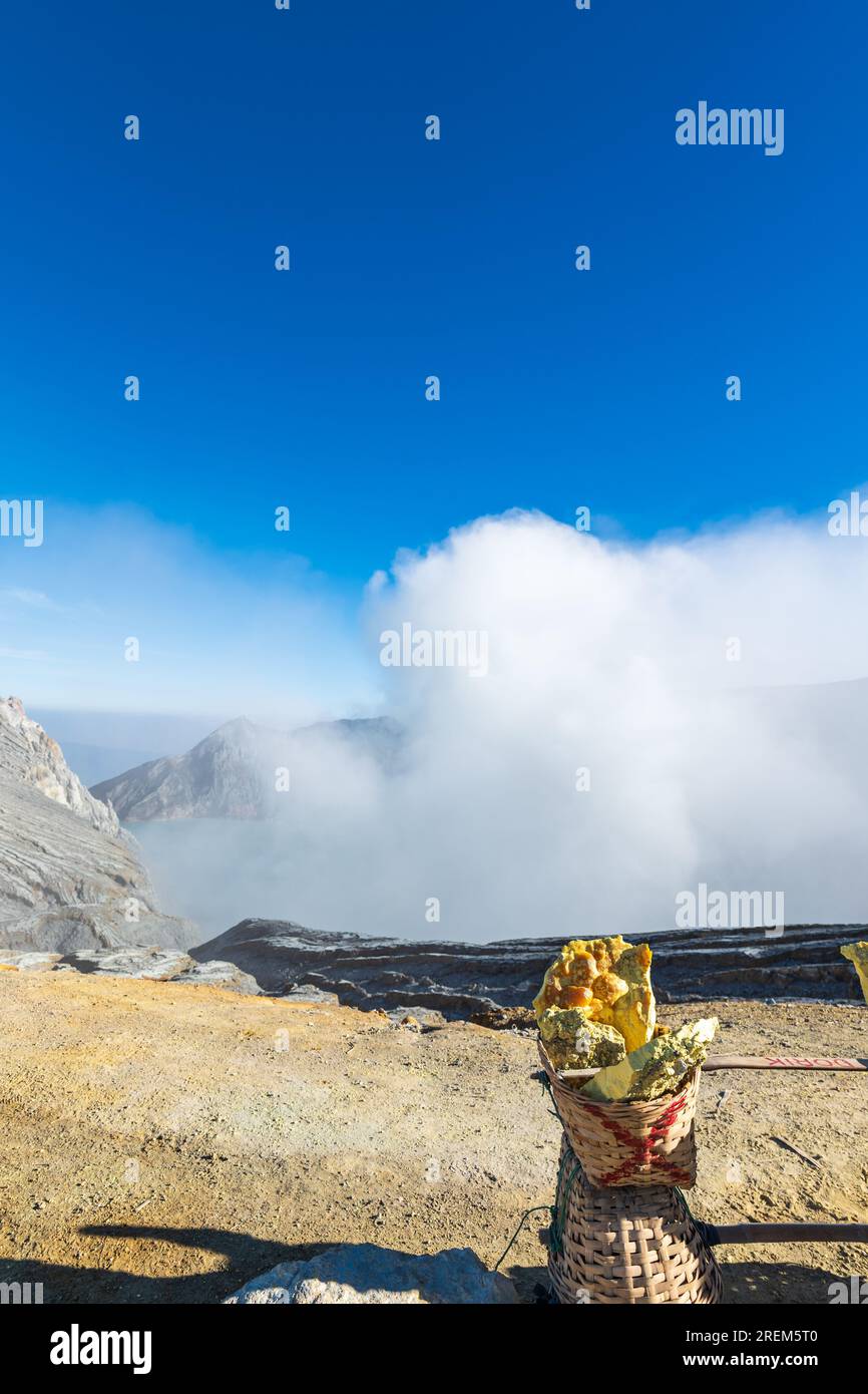 sulfuric rocks by sulfur mine at Ijen vulcano in East Java, Indonesia ...