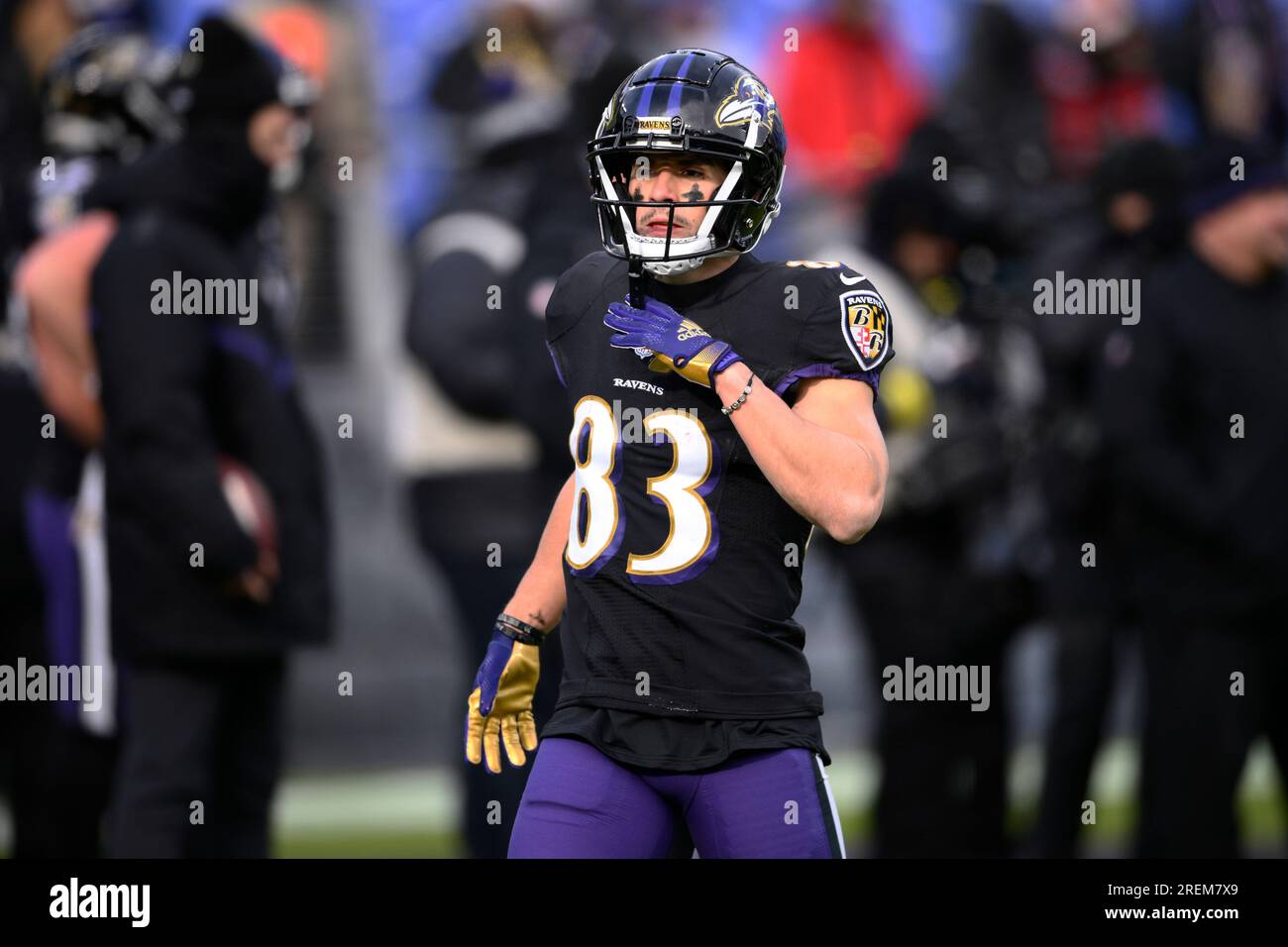 FILE - Baltimore Ravens wide receiver Andy Isabella warms up for the ...