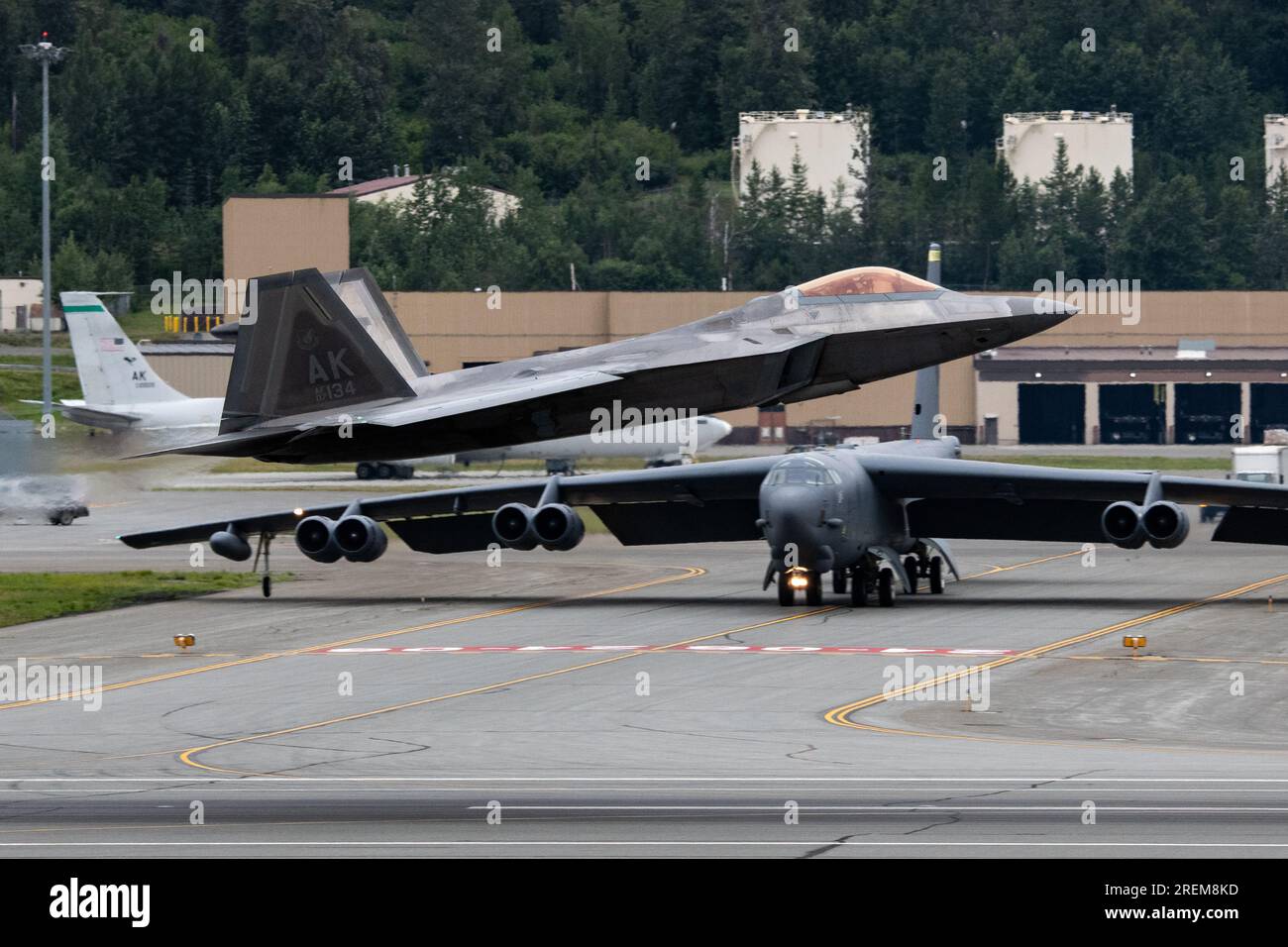 A U.S. Air Force F-22 Raptor assigned to the 3rd Wing takes off in ...