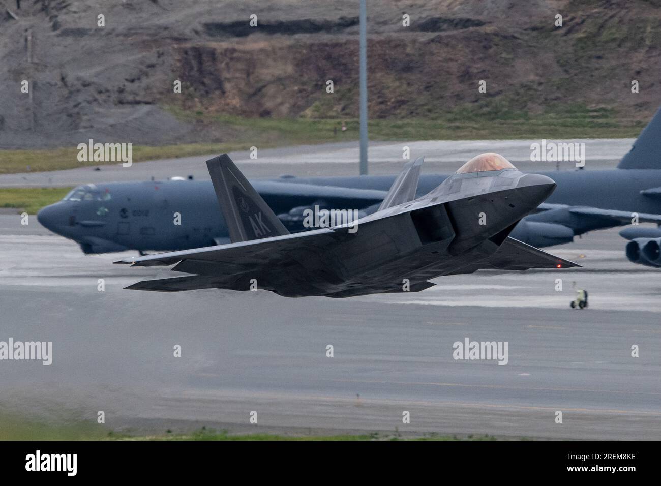 A U.S. Air Force F-22 Raptor assigned to the 3rd Wing takes off in ...