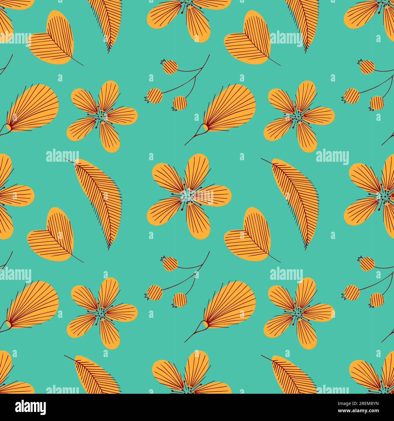 Autumn pattern with doodle leaves and flowers and berry. Vector ...