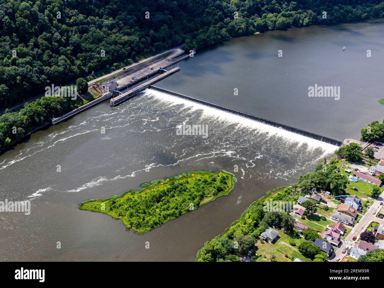 The photo above is an aerial view of Allegheny Lock and Dam 7 near Kittaning, Pennsylvania, July ...
