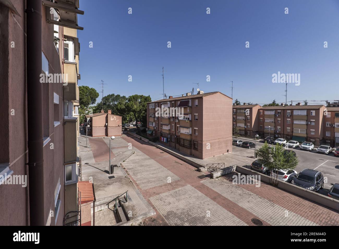 Paved walk area built with bricks and stones in an area of urban ...