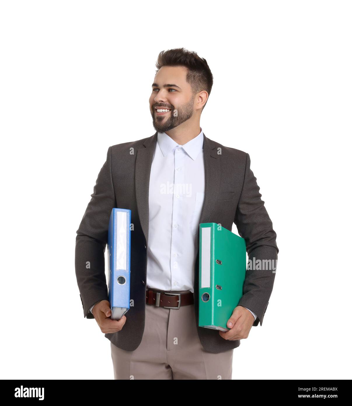 Happy man with folders on white background Stock Photo - Alamy